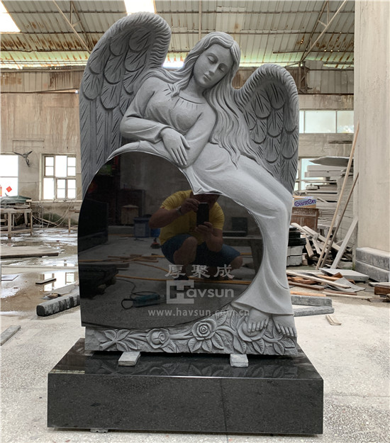 Angel on Slant Heart Headstone Tombstone in Black - Havsun Stone Factory